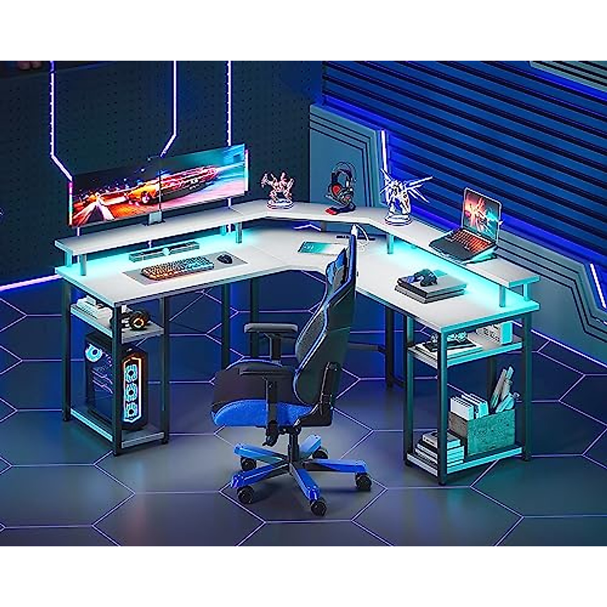 Coleshome L Shaped Gaming Desk with LED Lights & Power Outlets, Reversible 56" Computer Desk with Full Monitor Stand & Storage Shelves, Ergonomic Home Office Corner Desk, White