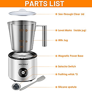 Secura Automatic Milk Frother, 4-in-1 Electric Milk Steamer, 17oz Detachable Hot/Cold Foam Maker, Milk Warmer for Latte, Cappuccinos, Macchiato, Hot Chocolate, with Silicone Spatula & 2 Whisks