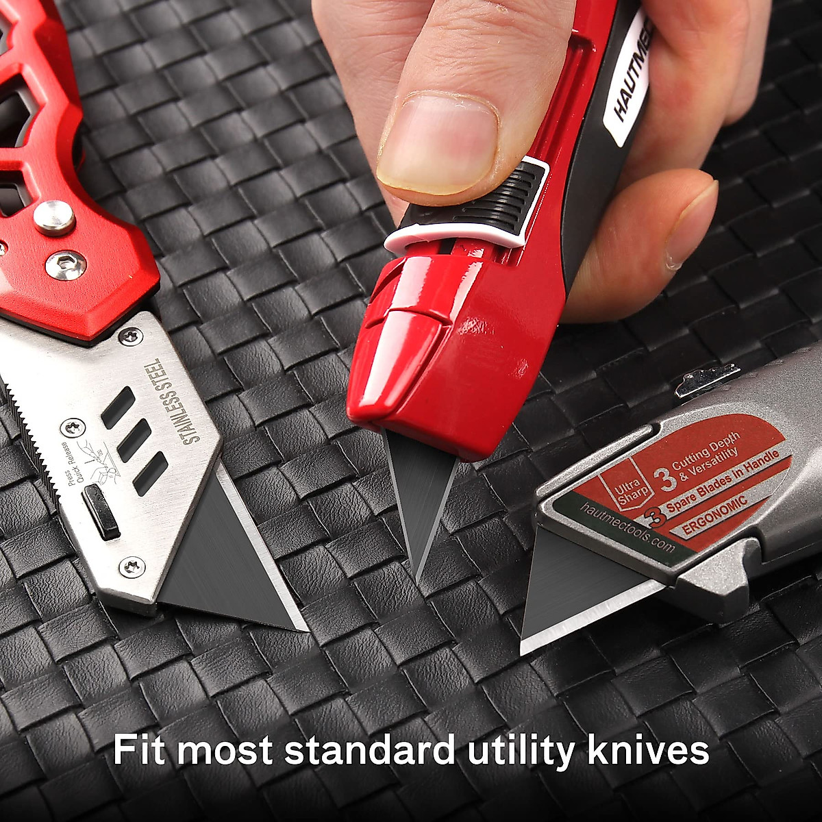 HAUTMEC Utility Knife Blades, 10-Pack with Dispenser, Standard Replacement Blades for Heavy Duty Utility Knives and Box Cutters, Sharper SK2H Black Blades HT0265-KN