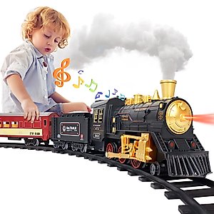 Train Set for Boys Girls - Electric Toy Train Including Passenger Coach with Lights, Steam Locomotive with Realistic Sounds & Headlight, Coal Car - Christmas Train Sets Under The Tree, Gift for Kids