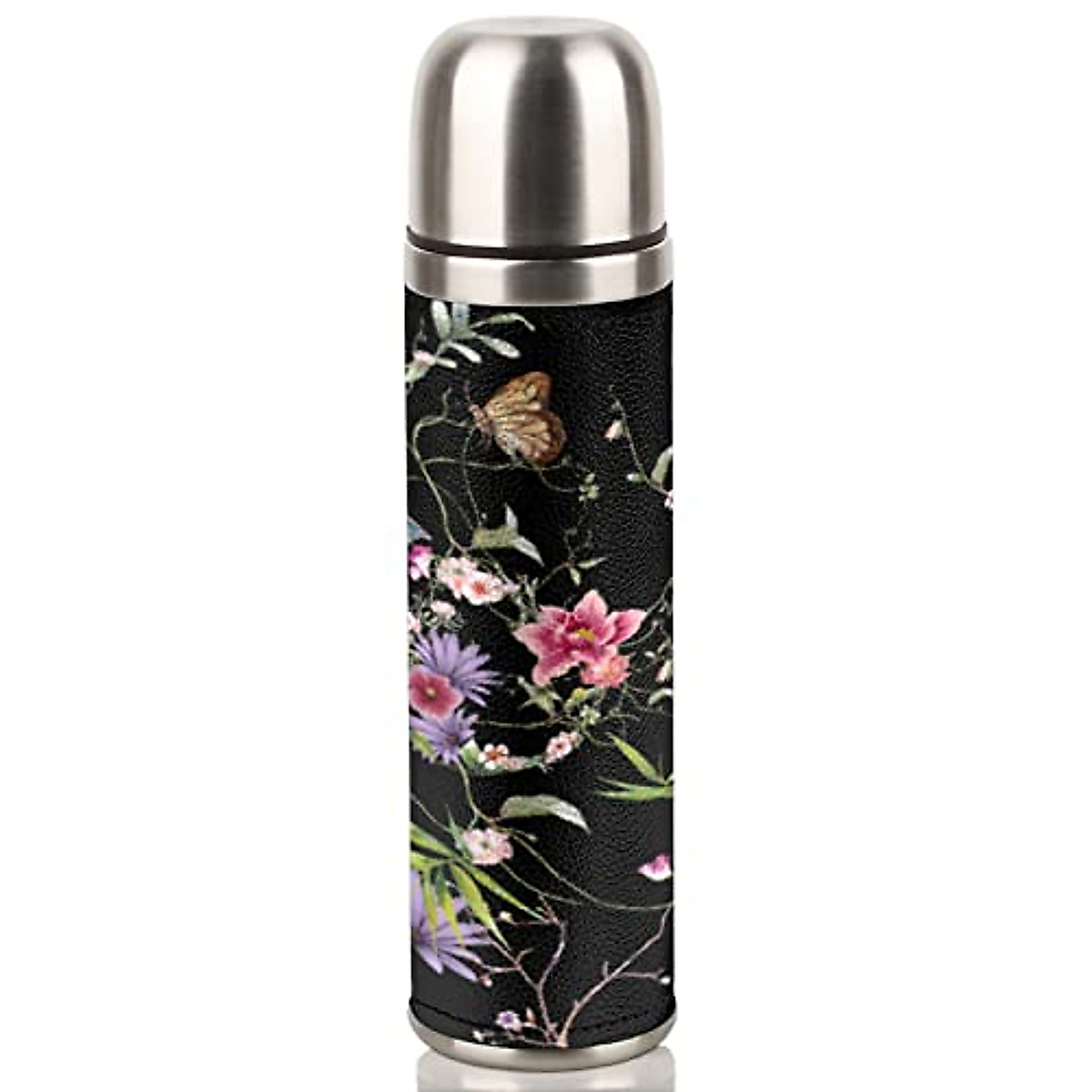 Coffee Thermos,Water Bottle Thermos Bottle with Leakproof Lid Thermos for Hot Drinks, BPA Free,Travel Vacuum Insulated Stainless Steel Bottle (Flowers, With Cup)