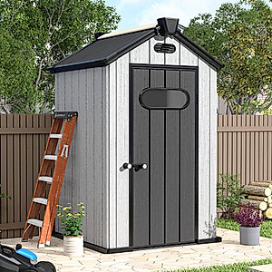 UDPATIO 4x4 FT Resin Storage Shed, Weatherproof Outdoor Plastic Storage Shed with Floor Air Vents Windows Skylights Lockable Doors, for Backyard, Patio, Garden, Grey