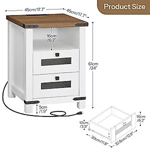 HOOBRO Nightstand with Charging Station, Farmhouse End Table with 2 Drawers Storage Cabinet, Sofa Side Table, 18" Rustic Night Stand for Bedroom, Living Room, White and Walnut WH146UBZ01