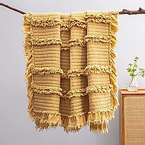 Ultra Soft Pre-Washed Quilted Blanket, Ruffle Fringed Yellow Boho Decorative Stone Chic Rustic Throw for Sofa Couch Bed Chair, 50"x 60"