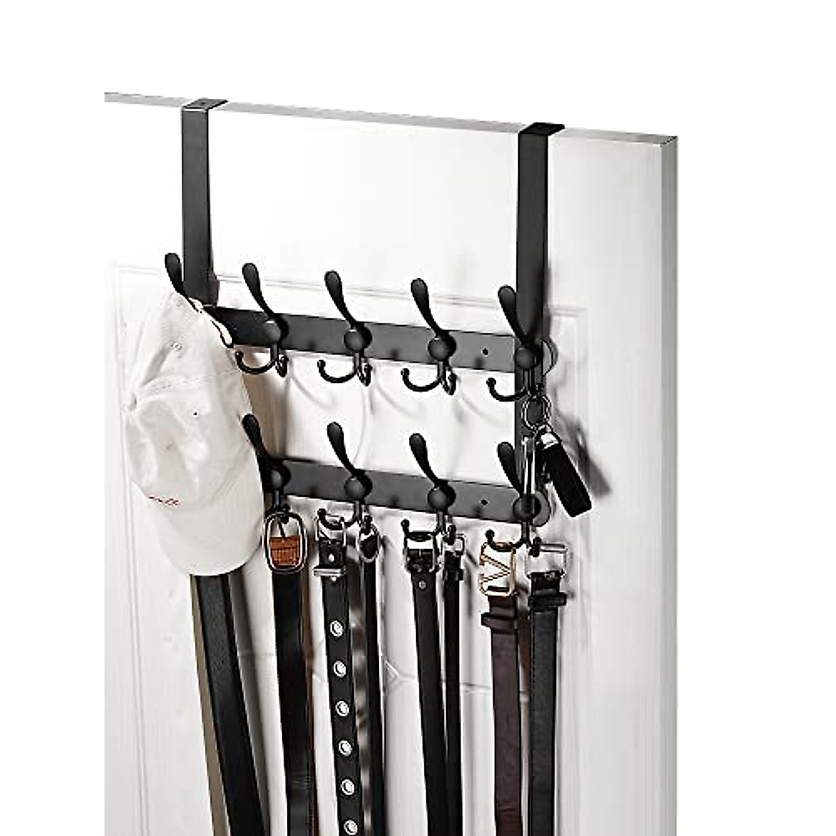 Over The Door Belt Organizer Rack, Holds Over 60 Large Belts, Heavy Duty Metal Storage Holder with Triple-Hook Design, Tie & Scarf Display Hanger for Closet, Bedroom Door, Bra Hanger- 2-Tier, Black