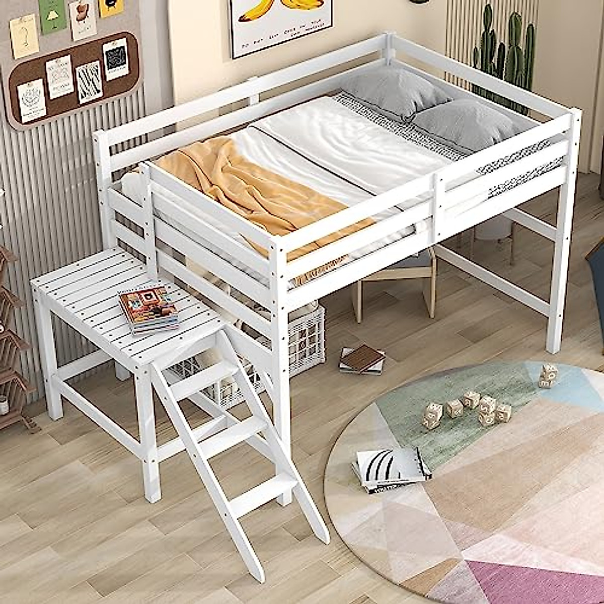 Dolonm Full Loft Bed with Platform, Wooden Low Height Loft Bed Frame with Ladder, Metal Loft Bed Frame for Kids Teens Adults, Full Size for Bedrooms, White