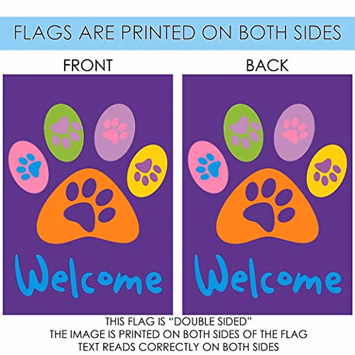 Toland Home Garden 112669 Welcome Paws- Purple Paw Print Flag 12x18 Inch Double Sided Paw Print Garden Flag for Outdoor House Cat Dog Flag Yard Decoration