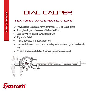 Starrett Dial Caliper with Adjustable Bezel and Fitted Case - White Face, 0-6" Range, -0.001" Accuracy, 001" Graduations - 3202-6
