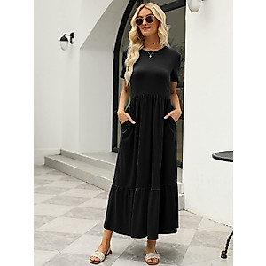 LILLUSORY Womens Short Sleeve Crew Neck Tiered Flowy Swing Midi Dresses with Pockets Black