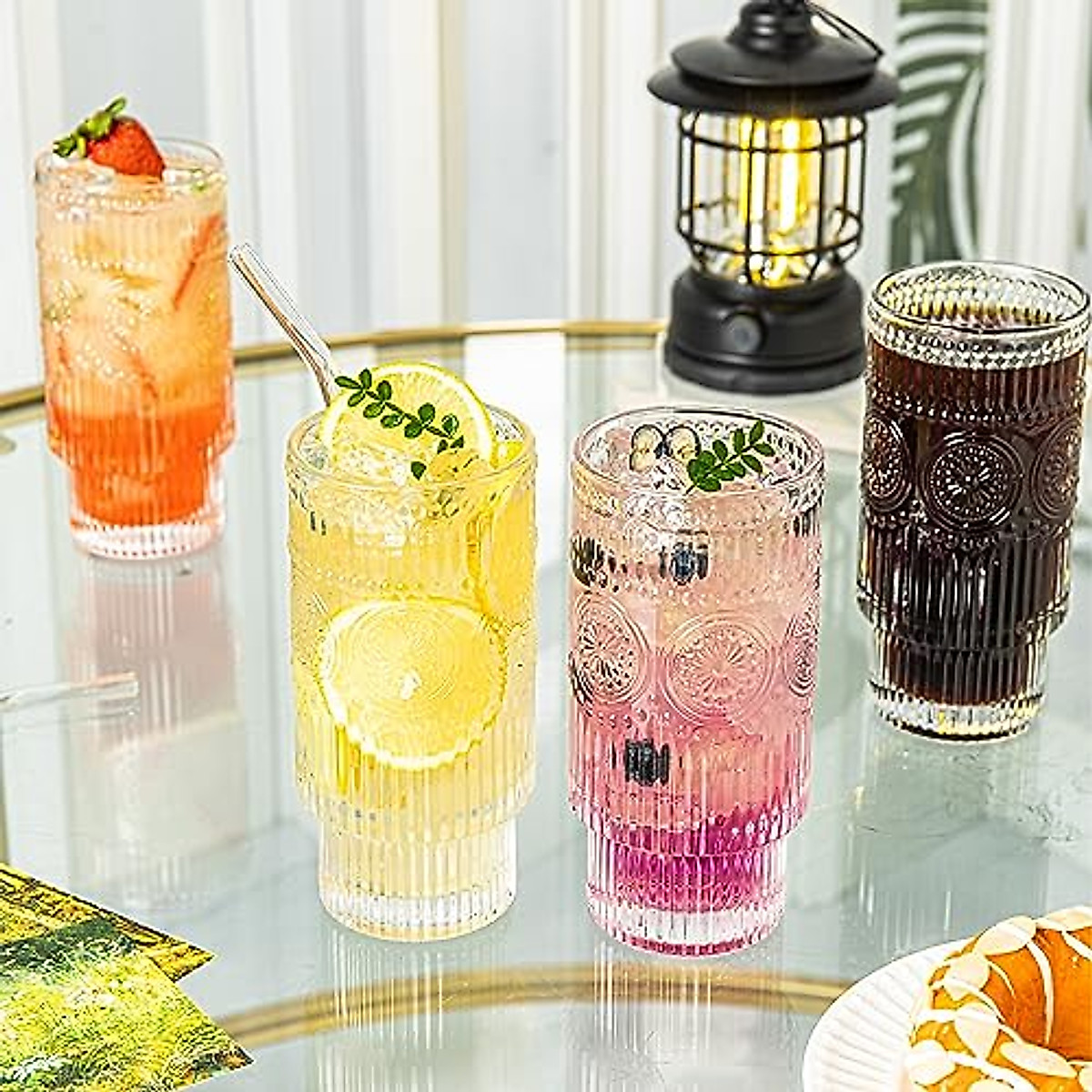 SoulTimes 4 Pack Large 16oz Ribbed Glassware Set, Flower Design Stackable Glass Cups, Vintage Textured Clear Striped Drinking Glasses Set, for Bar Beverages,Juice,Water,Cocktail,Iced Coffee