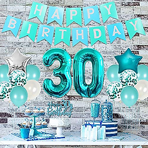 30th Birthday Decorations for Women Girls Teal - Queen Sash Happy Birthday Banner Cake Topper Number 30 Foil Balloon Foil Curtain for Turquoise Thirtieth Birthday Decorations Party Supplies for Her