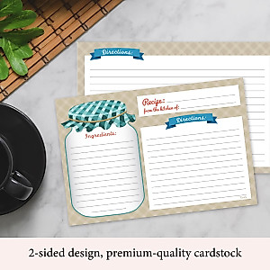 Neatz Mason Jar Recipe Cards - 50 Double Sided Cards, 4x6 inches. Thick Card Stock