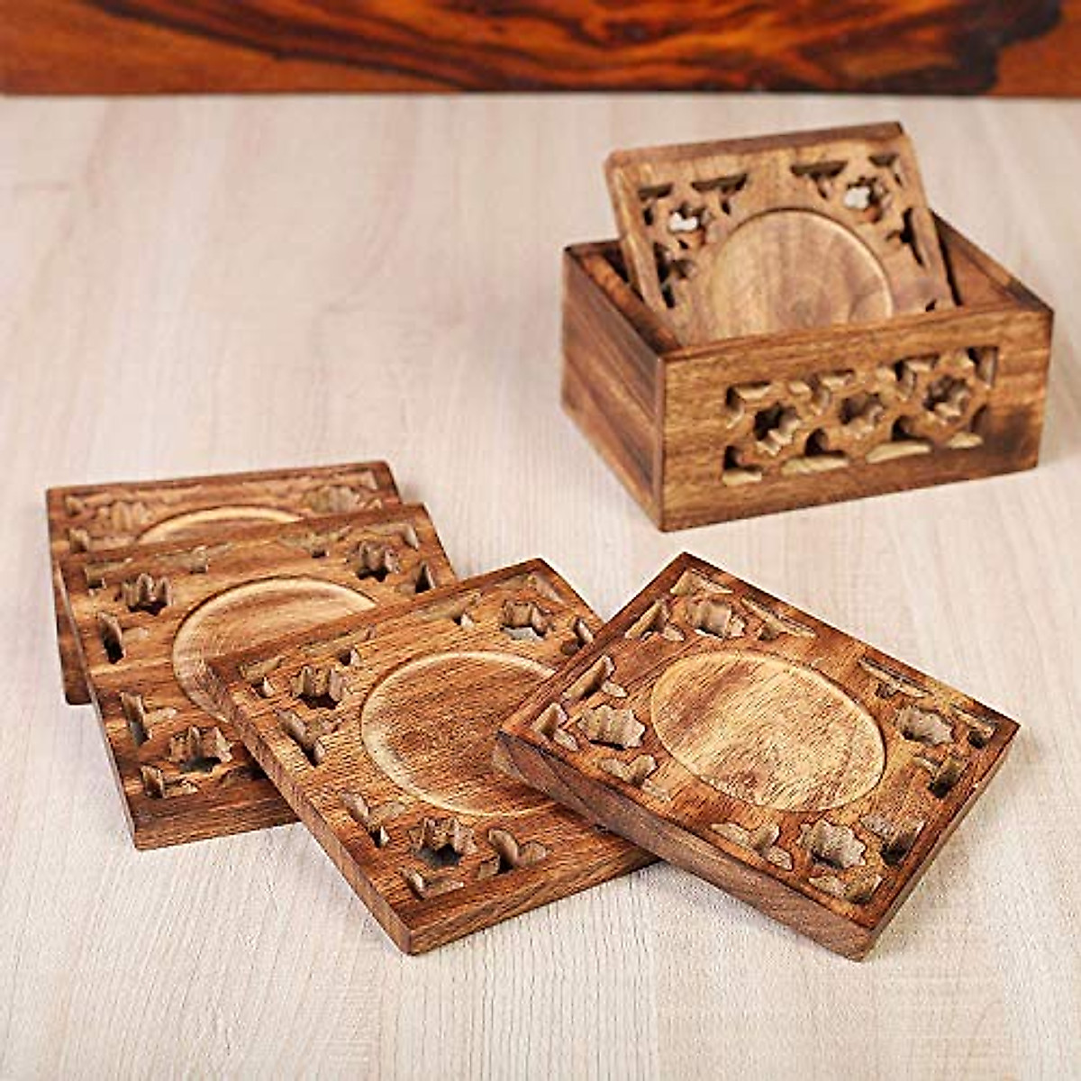Rusticity Drink Coasters with Holder | Wood Coasters Set of 6 for Tabletop Protection, Suitable for Kinds of Cups, Rustic Coasters for Wooden Table, Cool Home Decor, 4.8x4 in