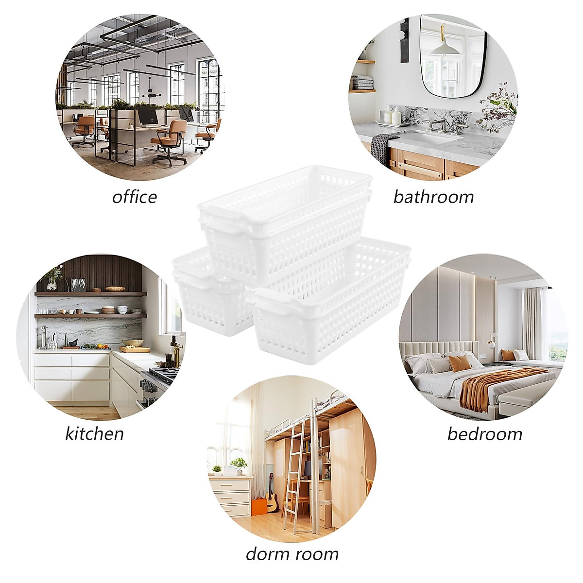 Easymanie 6 Pack Slim Plastic Storage Basket, Small Desktop Organizing Basket, White