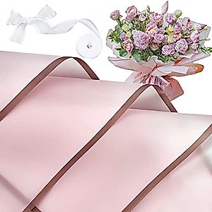 Jutieuo 20 Sheets Flower Wrapping Paper Florist Bouquet Supplies Waterproof Floral Wrapping Paper with Ribbon, 22.8x22.8 inch (Pink)