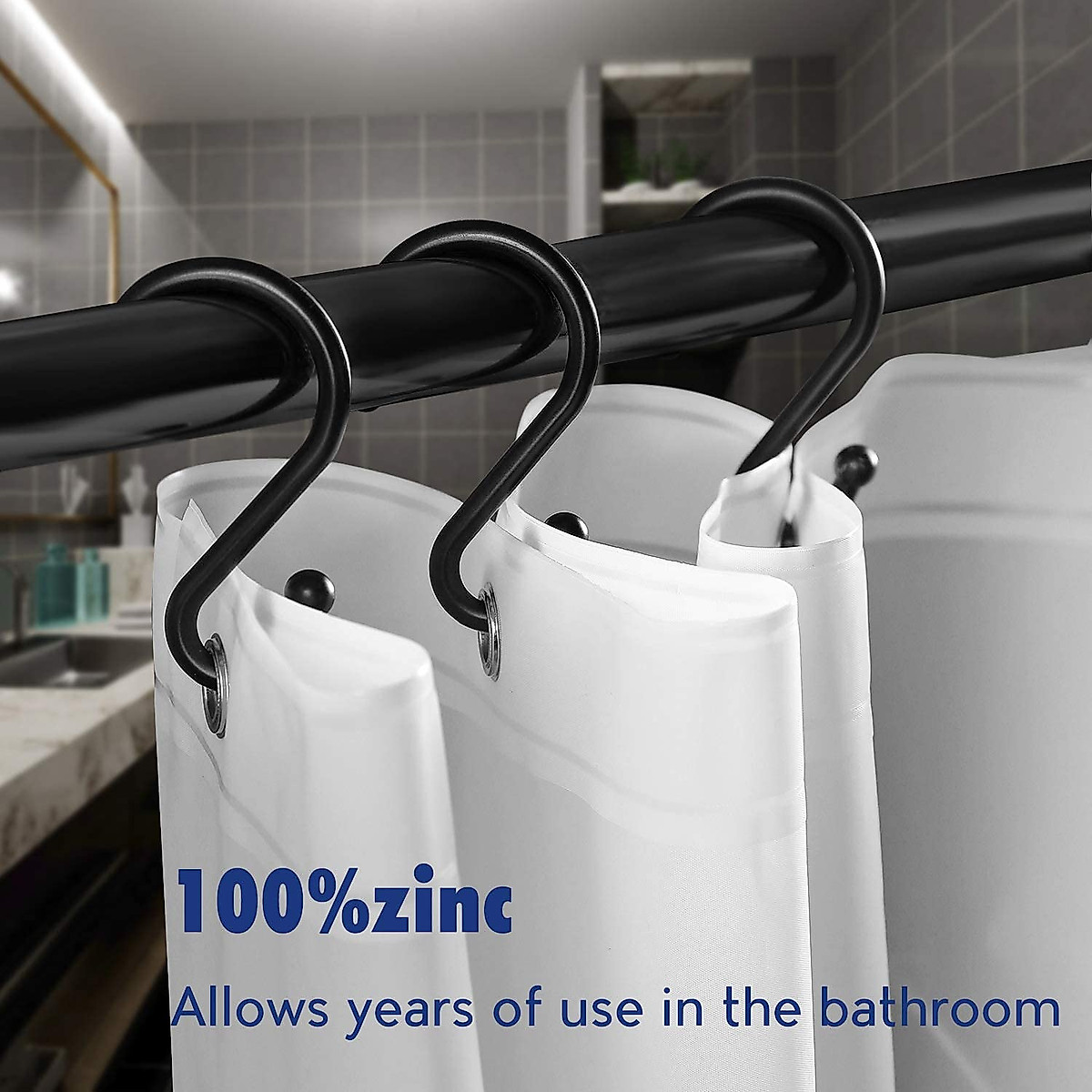 Metal Shower Curtain Hooks，Set of 12 Rings，Rust Resistant S Shaped Hooks Hangers for Shower Curtains, Kitchen Utensils, Clothing, Towels, etc. (Black)