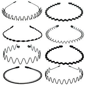 Ayesha 8 Pcs Metal Headbands for Men Curly Hair Bands Zig Zag Headbands Black Headbands for Face Washing Sport Workout Yoga