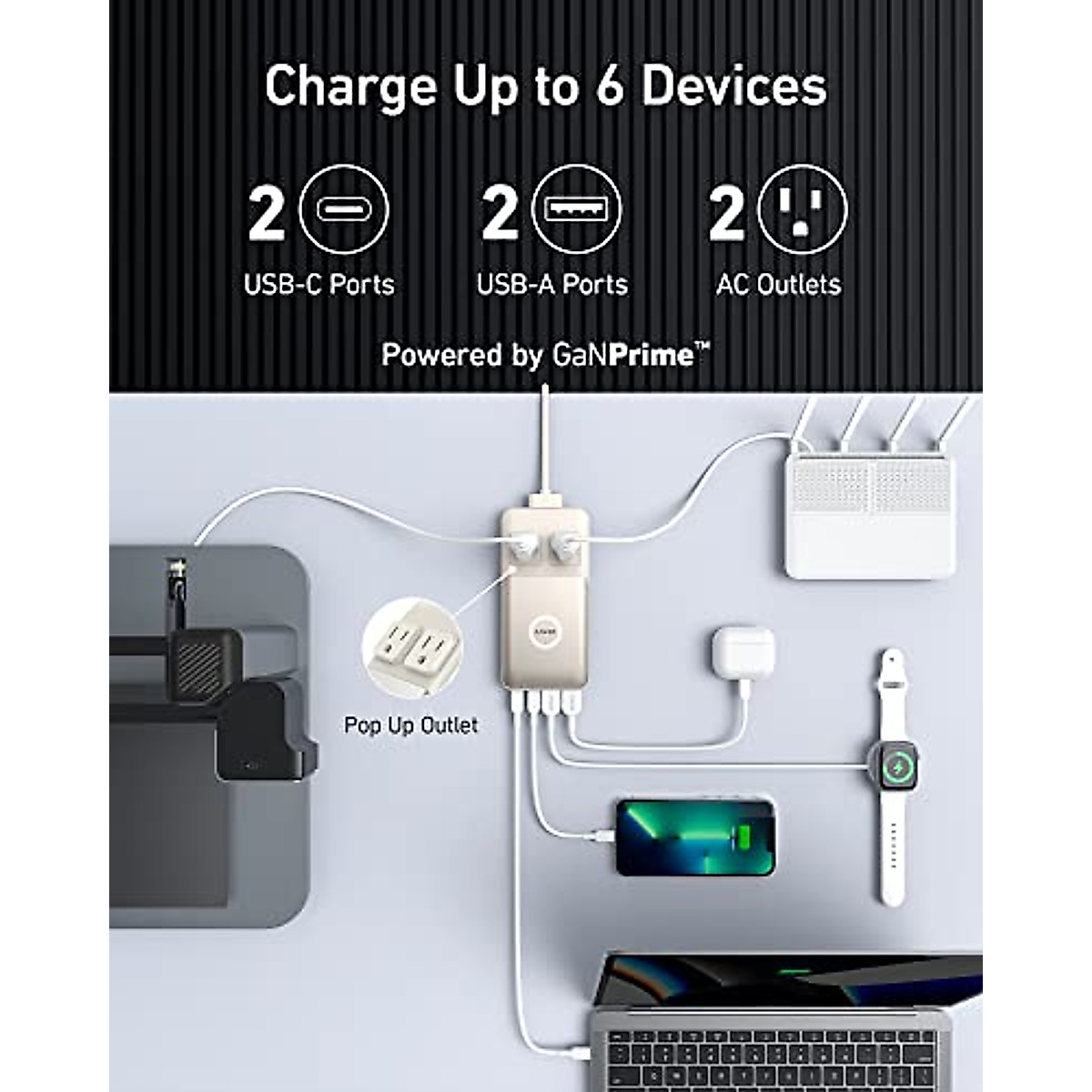 Anker Charging Station (AnkerPrime 100W), Compact Power Strip for Travel,Work, 5ft Detachable Extension Cord with 2 Outlets & 4 USB Ports, for iPhone14, Samsung, iPad, MacBook (not Battery/Wireless)