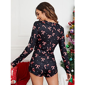 NUFIWI Women Christmas Pajamas Romper Bodycon Printed Jumpsuit Shorts Xmas One Piece Pjs Sleepwear(Black Candy Cane,2XL)