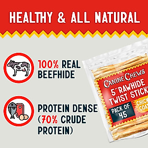 Canine Chews 5" Chicken Coated Sticks - Pack of 45 Chicken Wrapped Rawhide Dog Treats - 100% Real USA-Sourced Chicken Coating - Protein-Dense Chicken Wrapped Dog Treats Rawhide Chews