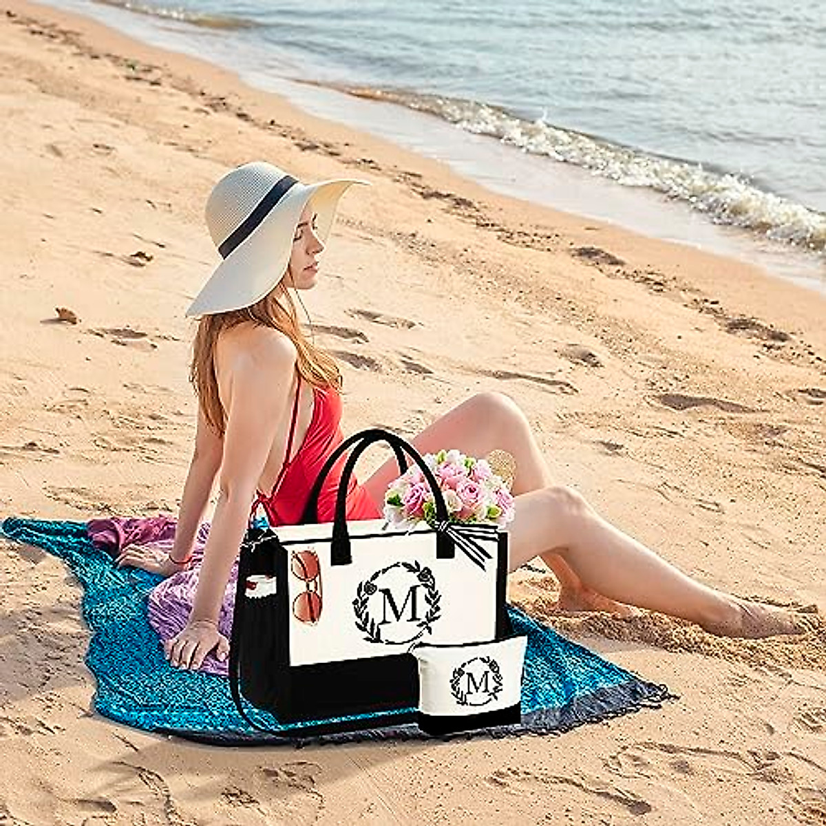 YOOLIFE Large Canvas Tote Bag for Women, Anniversary Birthday Gifts for Her Beach Bag Nurse Gifts Personalized Retirement Gifts 2023 Wedding Bridesmaid Gifts Friend Gifts Mom Gifts for Women Letter J