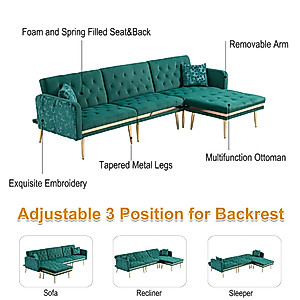 Pvillez Sectional Sofa Futon Sofa Bed Convertible Sleeper Sofa Couch w/Chaise Lounge,Ottoman L-Shape Convertible Couches for Living Room Button Tufted Back Velvet Couch w/Golden Legs