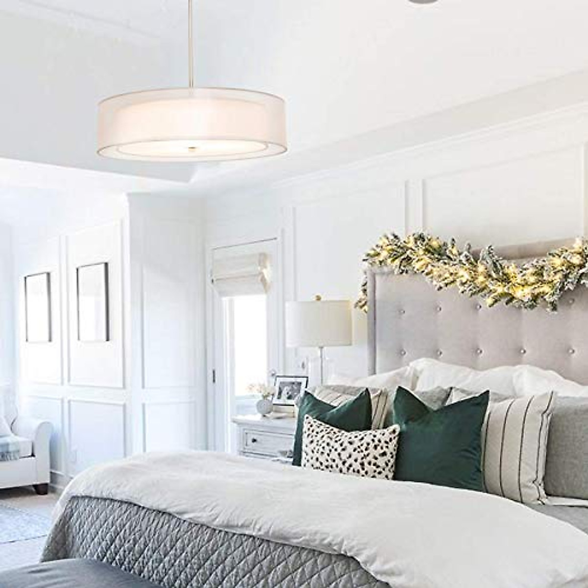 VONLUCE 3 Light Double Drum Pendant Light, 20" Brushed Nickel Convertible Semi-Flush Mount Drum Ceiling Light Fixture for Kitchen Island Dining Table Bedroom, Modern Hanging Lights Chandelier