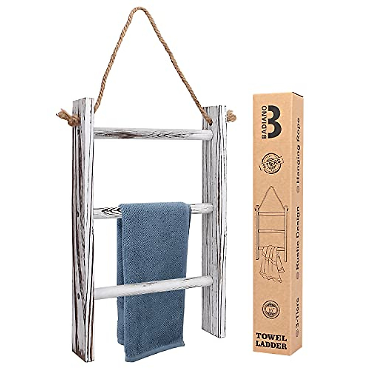 3-Tier Wood Tower Ladder Rack with Rope, Hanging Wooden Blanket Storage Organizer for Bathroom, Small Farmhouse Storage Shelf Rustic and Decorative
