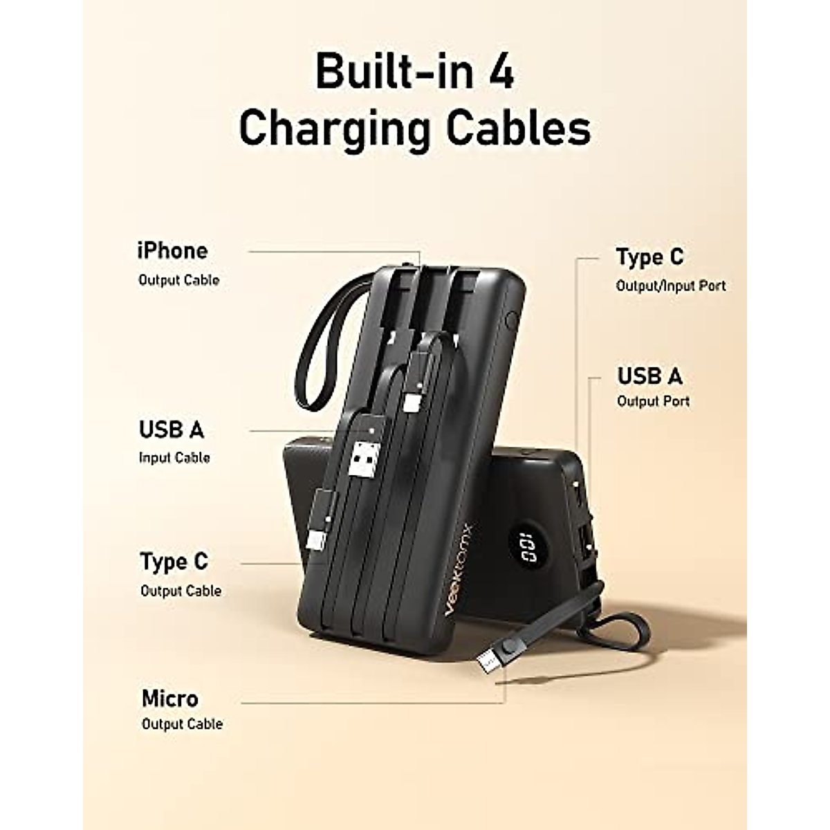VEEKTOMX Portable Charger with Built in Cables, 10000mAh Ultra Slim Power Bank with 5 Outputs and LED Display, External Battery Compatible with iPhone/iPad/Samsung and Other Smart Devices for Travel