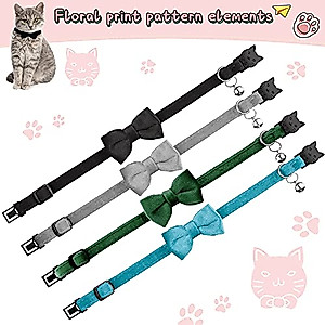 4 Pieces Cat Bow Tie Collar with Bell Breakaway Cat Collar Comfortable Velvet Cat Collar with Cute Safety Pet Collar for Pet Kitten Puppy (Black, Gray, Dark Green, Blue,Small)