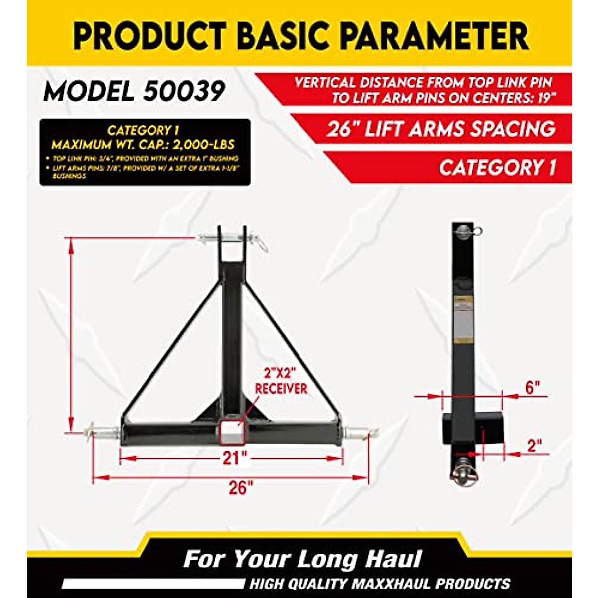 Standard 3-Point Hitch Adapter for Trailers & Farm Equipment with Category 1 Pins & 2" Hitch Receiver