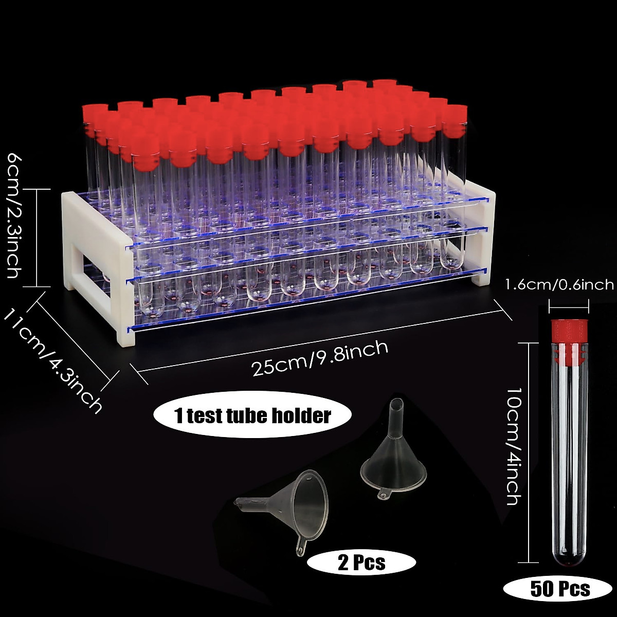 Test Tubes with Rack,50 Pack Clear Plastic Test Tubes16x100mm - with Secure Caps & Durable Holder Rack, Ideal for Scientific Experiments, Candy Beads Sample Storage, Kids Party Supplies (16x100mm)