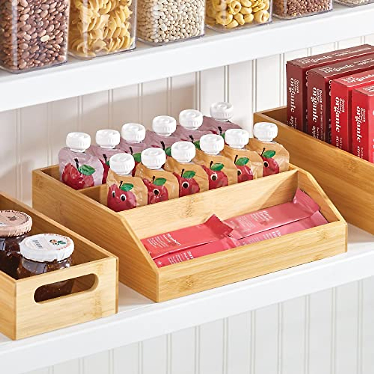 mDesign Wide Bamboo Wood Food Storage Bin with Divided 3 Compartments and Sloped Front for Kitchen Cabinet, Pantry, Shelf to Organize Seasoning Packets, Powder Mixes, Spices, Snacks - Natural