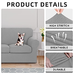 ISSUNTEX 3 Pieces High Stretch Thicken Loveseat Couch Covers, Soft Sofa Slipcover for 2 Separate Cushion Couch, Jacquard Fabric Elastic Sofa Cover Furniture Protector for Dogs (Loveseat, Light Gray)