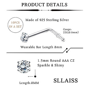Sllaiss 10Pcs 22G Sterling Silver Small L Shape Nose Ring Studs for Women Mens Czech Crystal Curved Nose Piercings Set Body Jewelry Hypoallergenic 1.5mm