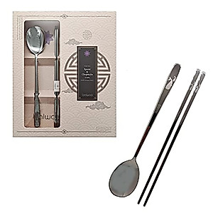 BALWOO Whale Design Korean Traditional Table Sticky Rice Spoon and Chopsticks Mukbang Cutlery 430 Stainless Steel