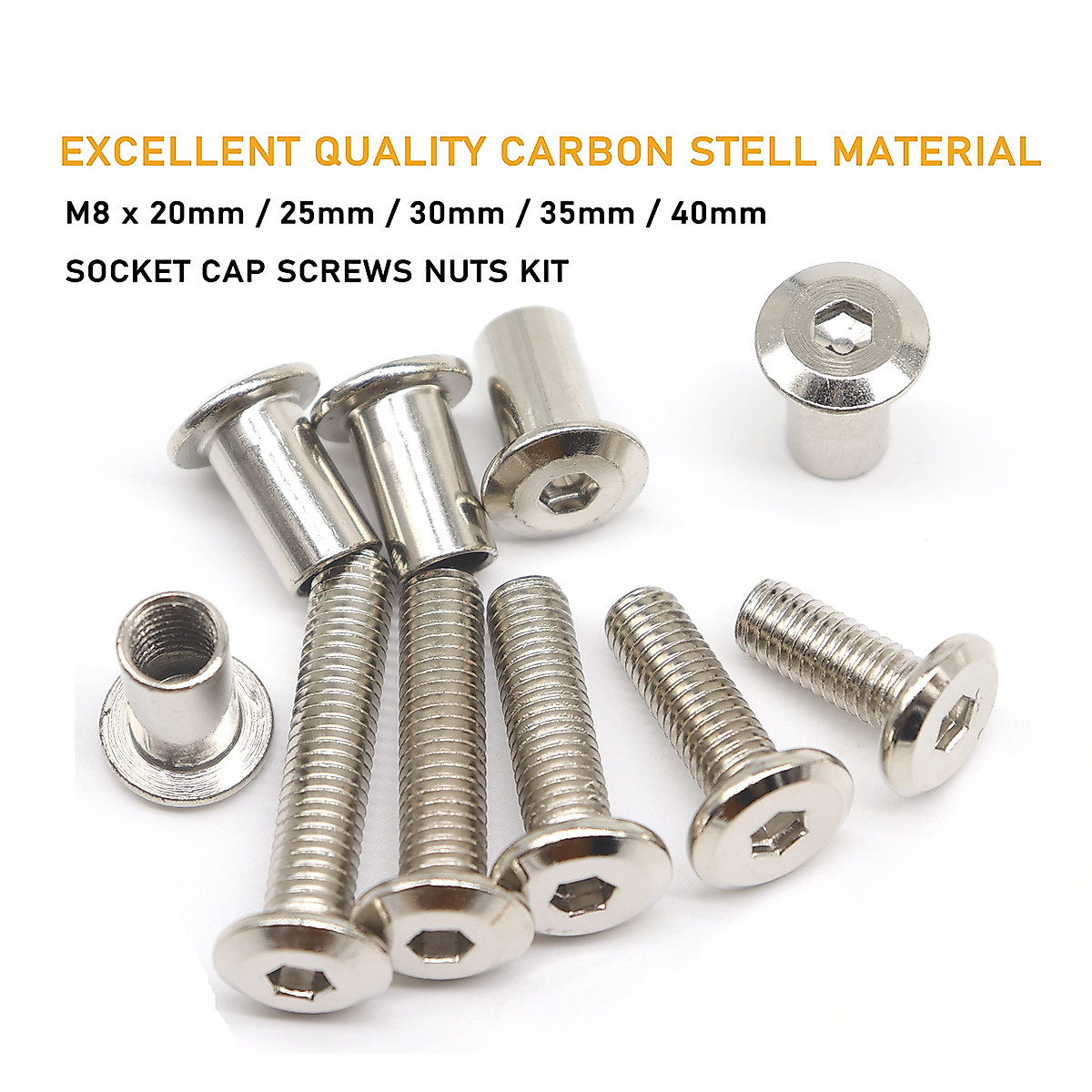 binifiMux 50pcs M8x20mm/25mm/30mm/35mm/40mm Rivet Countersunk Hex Socket Cap Bolts and Hex Head Barrel Nuts Assortment Kit for Furnitures Cribs Chairs, Nickel Plated