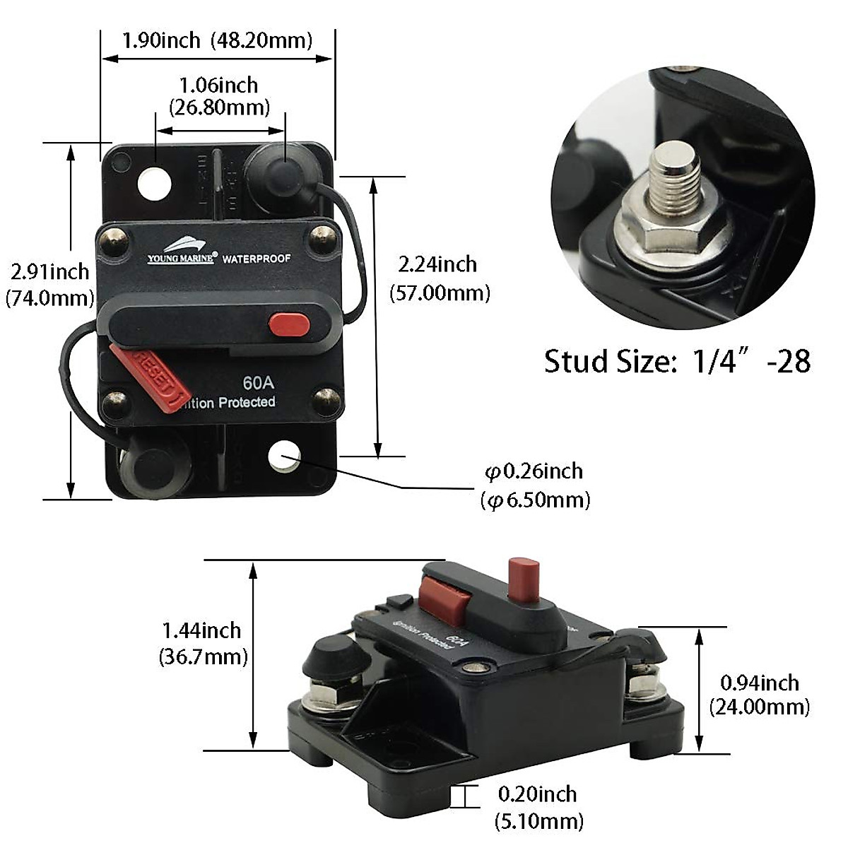 YOUNG MARINE Circuit Breaker Trolling with Manual Reset,Water Proof,12V- 48V DC (Surface Mount-50A)
