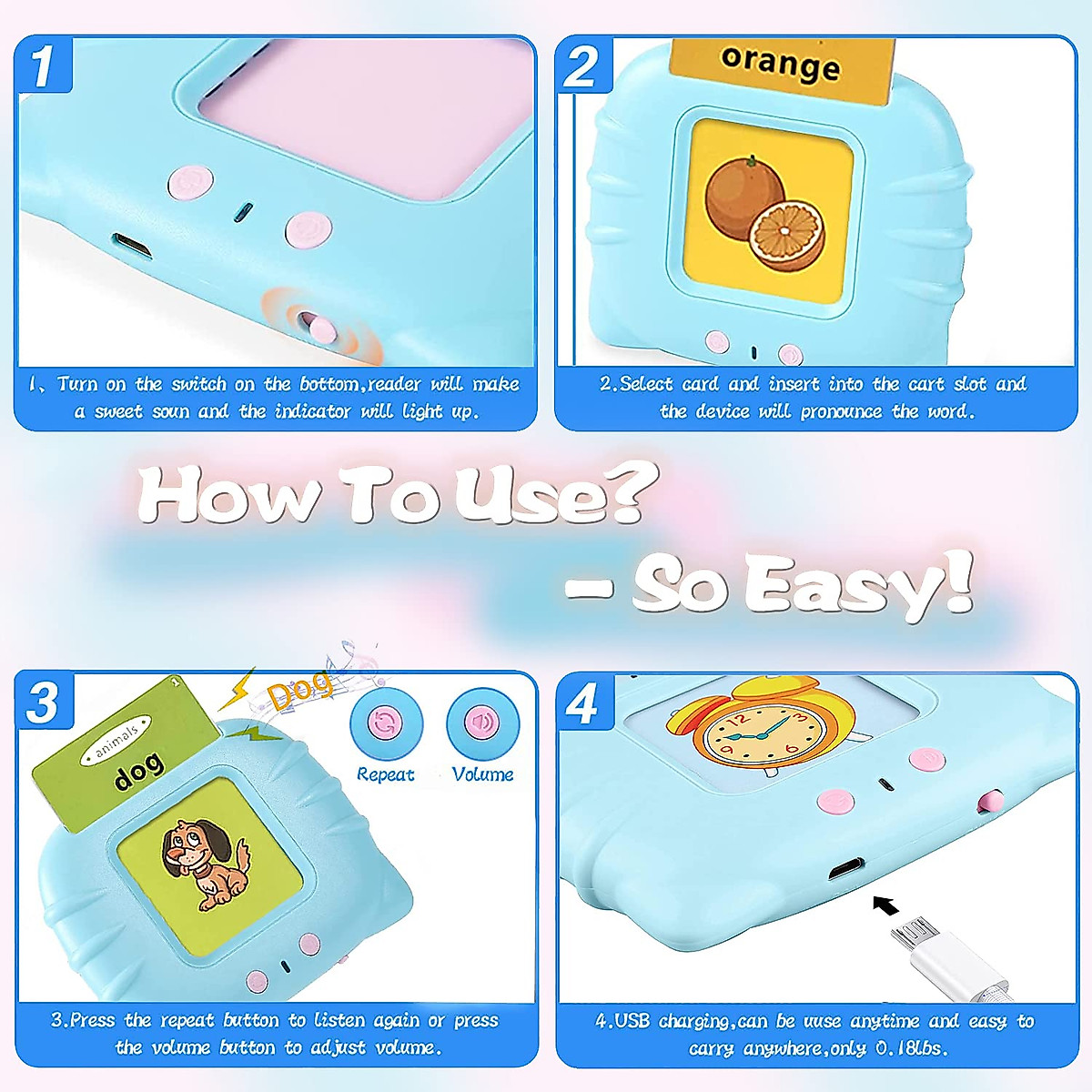 Educational Toddler Toy Flashcards Device,WONFAST 112PCS Double-Sided Illustrations Words Audible Preschool Learning Flash Cards Reader for Kids Boys Girls Birthday Christmas Children Gifts (Blue-1)