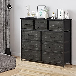 LUMTOK 10-Drawer Dresser, Fabric Dressers Drawers for Bedroom, Hallway, Nursery, Closets, Steel Frame, Wood Top, Easy Pull Handle (Black Wood Veins)