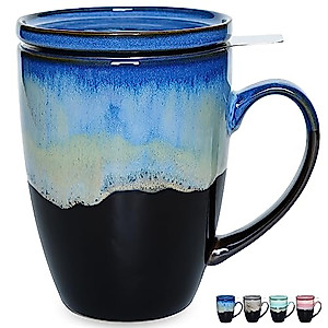 Bosmarlin Ceramic Tea Cup with Infuser and Lid, 13.5 Oz, 4 Colors to Choose, Dishwasher and Microwave Safe, Reactive Glaze, Steeping Tea Mug with Strainer