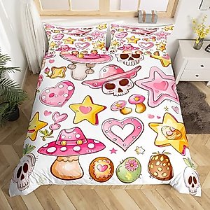 Pink Stars Hearts Bedding Set Tribal Cowgirl Hat Bedding Duvet Cover Kids Teens Gothic Skull Cute Comforter Cover Pink Yellow White Bedspread Cover Bedroom Quilt Cover 3Pcs Full,No Comforter