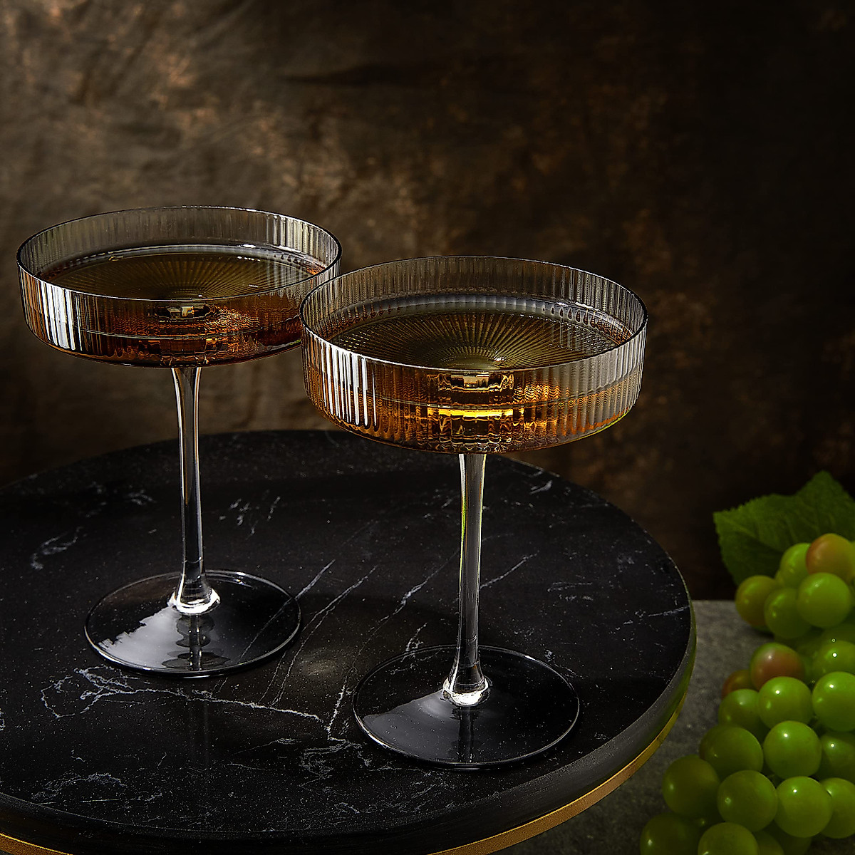 Ribbed Coupe Cocktail Glasses 8 oz | Set of 2 | Classic Manhattan Glasses For Cocktails, Champagne Coupe, Ripple Coupe Glasses, Art Deco Gatsby Vintage, Crystal with Stems (Smoke Grey)