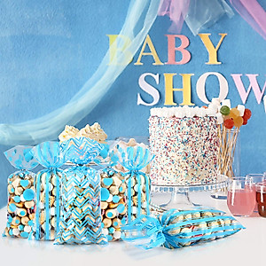 105 PCS Baby Shower Cellophane Treat Bags, Gender Reveal Candy Bag Polka Dot Stripes Printed Plastic Goodie Favor Bags with 100 Silver Twist Ties for Christmas Birthday Party Decor(Blue)