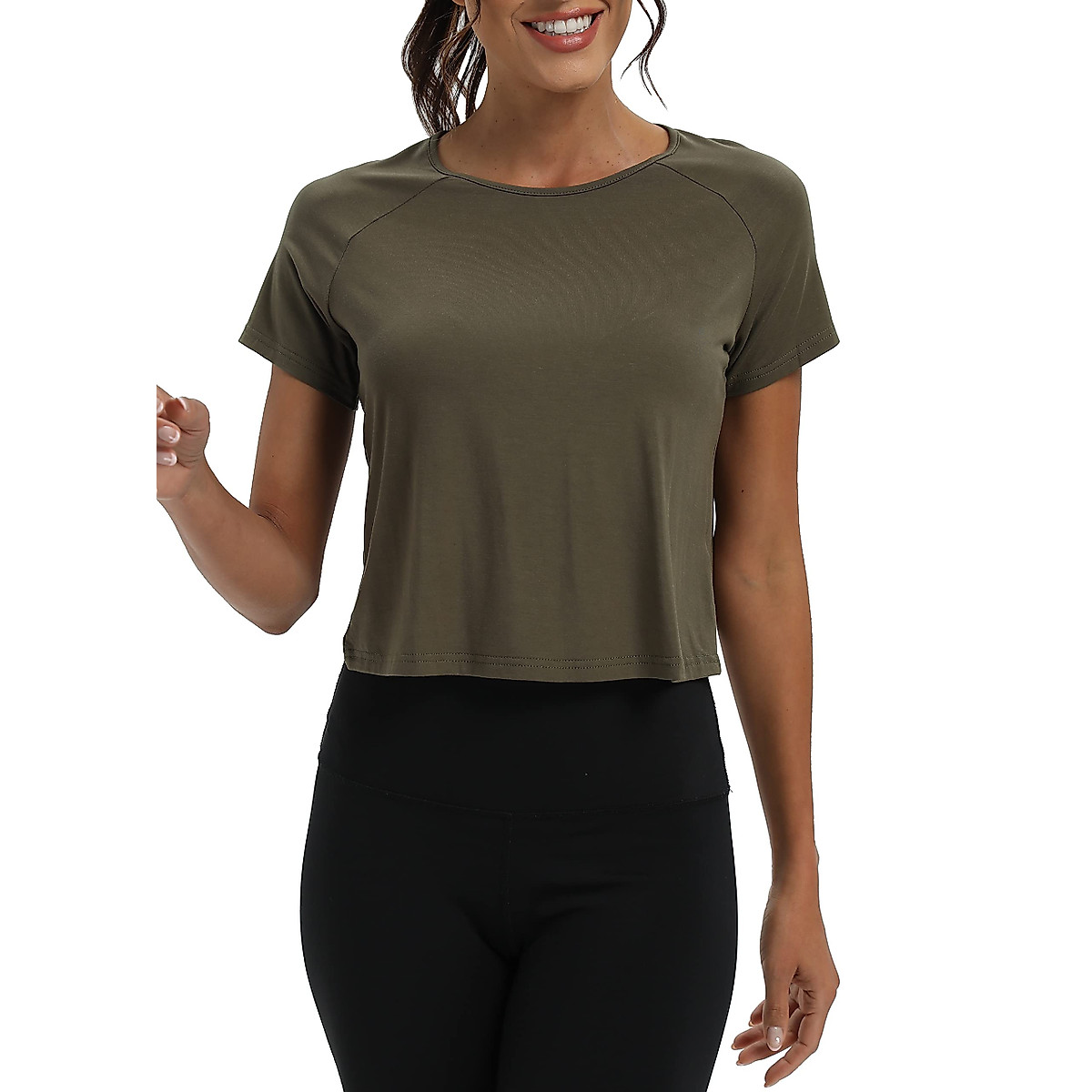 Mippo Short Sleeve Workout Tops Athletic Shirts Gym Clothes Exercise Crop Top Tshirts for Women Loose Fit Army Green S