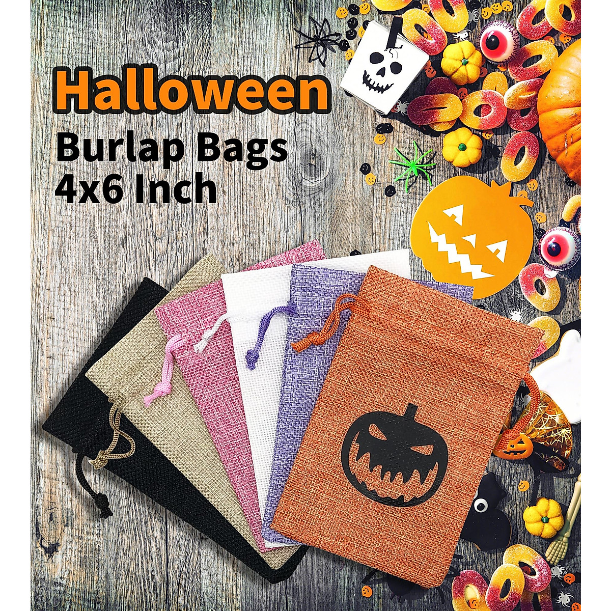 Jexila 24 Pack Halloween Burlap Gift Bags Small Halloween Treat Bag with Drawstring Linen Jute Halloween Goodie Candy Bags for Kids Trick or Treat Halloween Party Favor