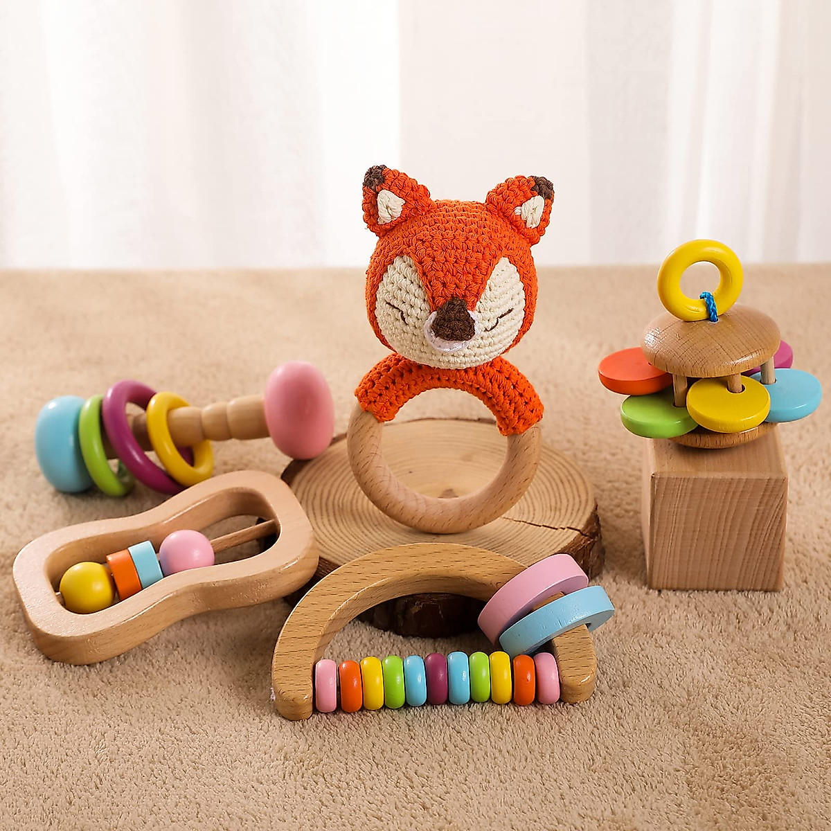 Baby Teething with Wooden Ring Beech Baby Teething Ring 5 PCS Wooden Ring Toy for Baby Wooden Teether with Gift Box
