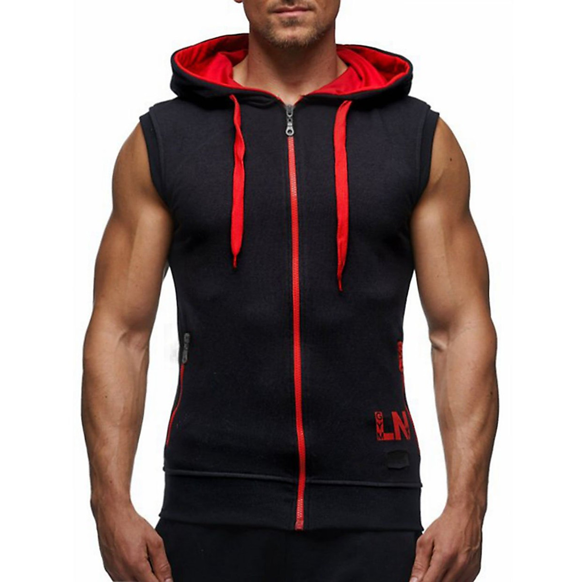 LemonGirl Men's Bodybuilding Sleeveless Hoodie Gym Tank Top BlackRed