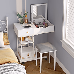 Elephance Moveable Vanity Desk with Mirror for Small Spaces, Makeup Dressing Table Computer Desk with Drawers and Shelves for Bedroom