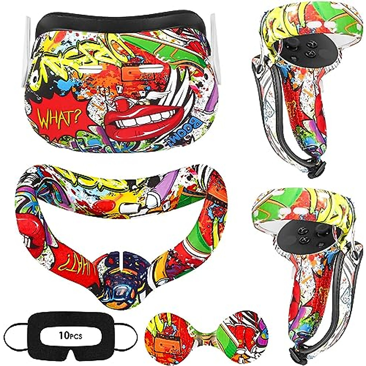 Relohas VR Accessories for Oculus Quest 2, Silicone Set for Meta Quest 2, Include Controller Grip Leather Cover, VR Shell Cover, Face Cover, Lens Cover and 10PCS Disposable Eye Cover(Street Graffiti)